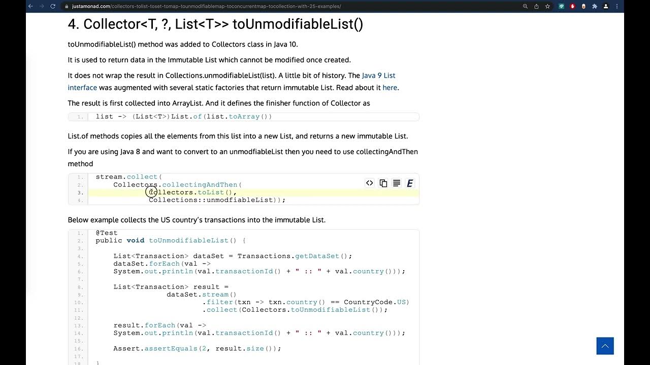 Learn Collectors toList, toUnmodifiableList, toSet, toUnmodifiableSet and toCollection with ...