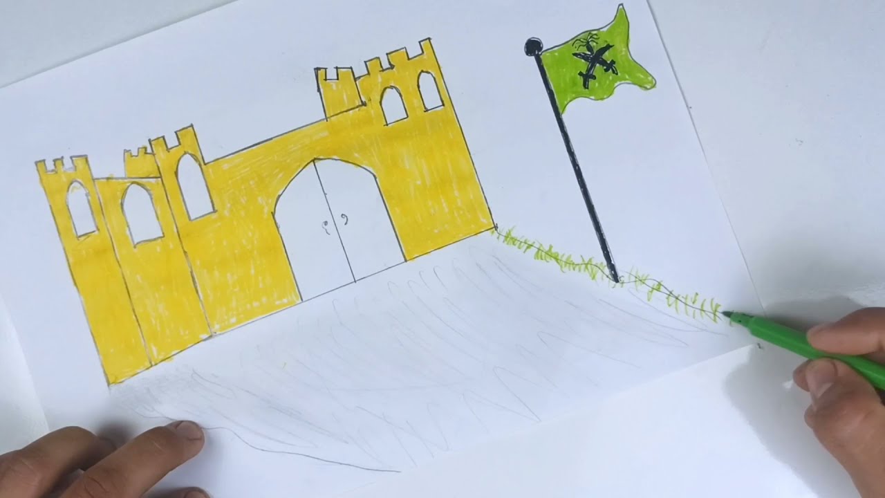 رسم قصر المصمك رسم عن اليوم الوطني رسم علم السعودية رسم سهل جدا خطوة بخطوة Youtube
