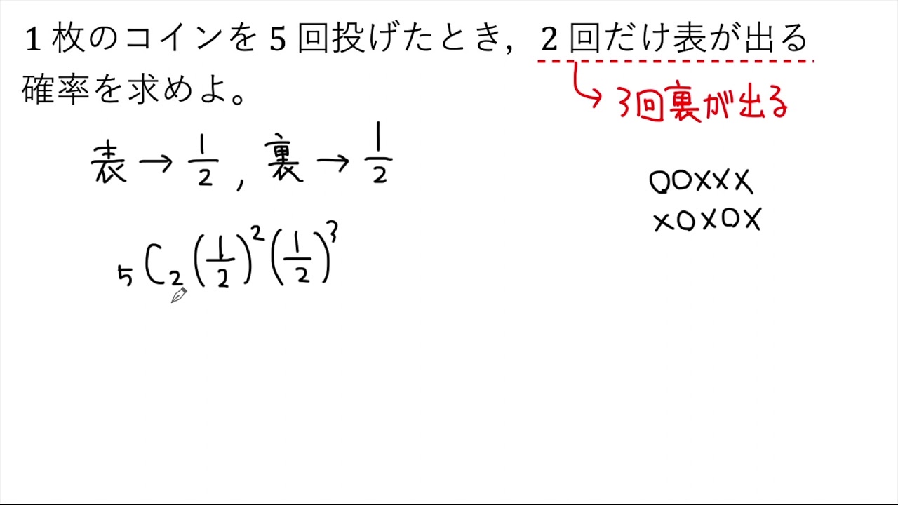 【動画で解説】1枚のコインを5回投げたとき,2回だけ表が出る確率(1498 高校数学) Youtube