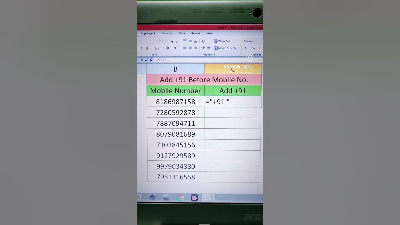 Add 91 Before Mobile Number Youtube Shorts Exceltutorial Youtube
