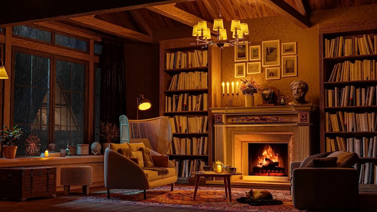 Cozy Room Ambience with Relaxing Fireplace & Rain Sounds for Sleeping ...