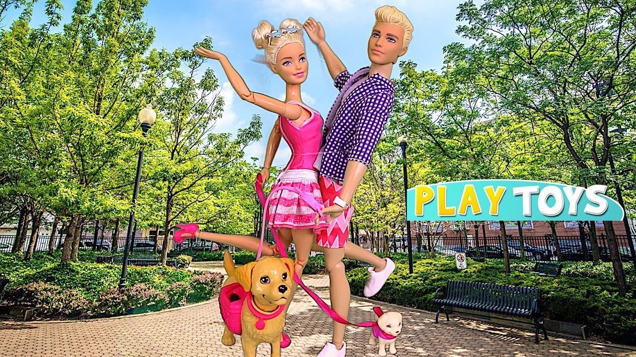 Barbie Girl & Ken Walk Puppies in the Park! Play Toys pet story - YouTube