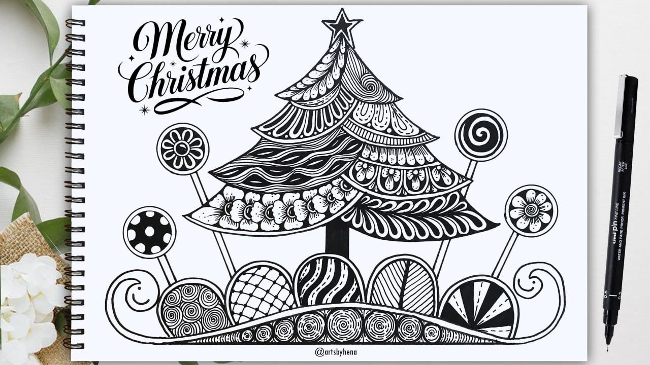 Zentangle Christmas Tree 🌼 How To Draw Christmas Tree For beginners ...
