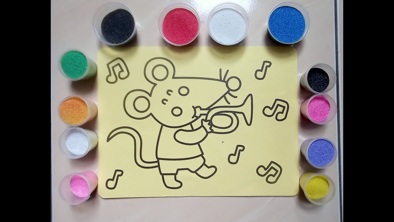 Coloring the picture of a mouse playing the trumpet with colorful sand ...