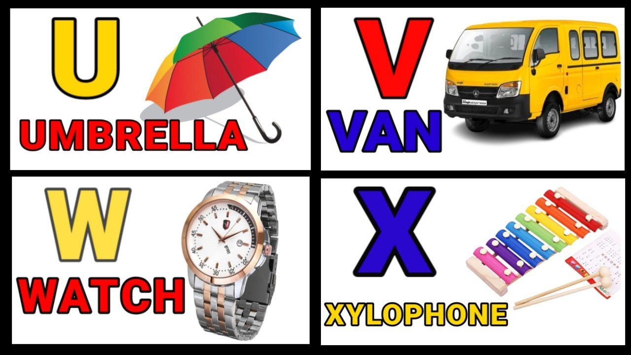 U for umbrella🌂,V for van 🚐,W for watch ⌚,X for xylophone,Y for yak,Z ...