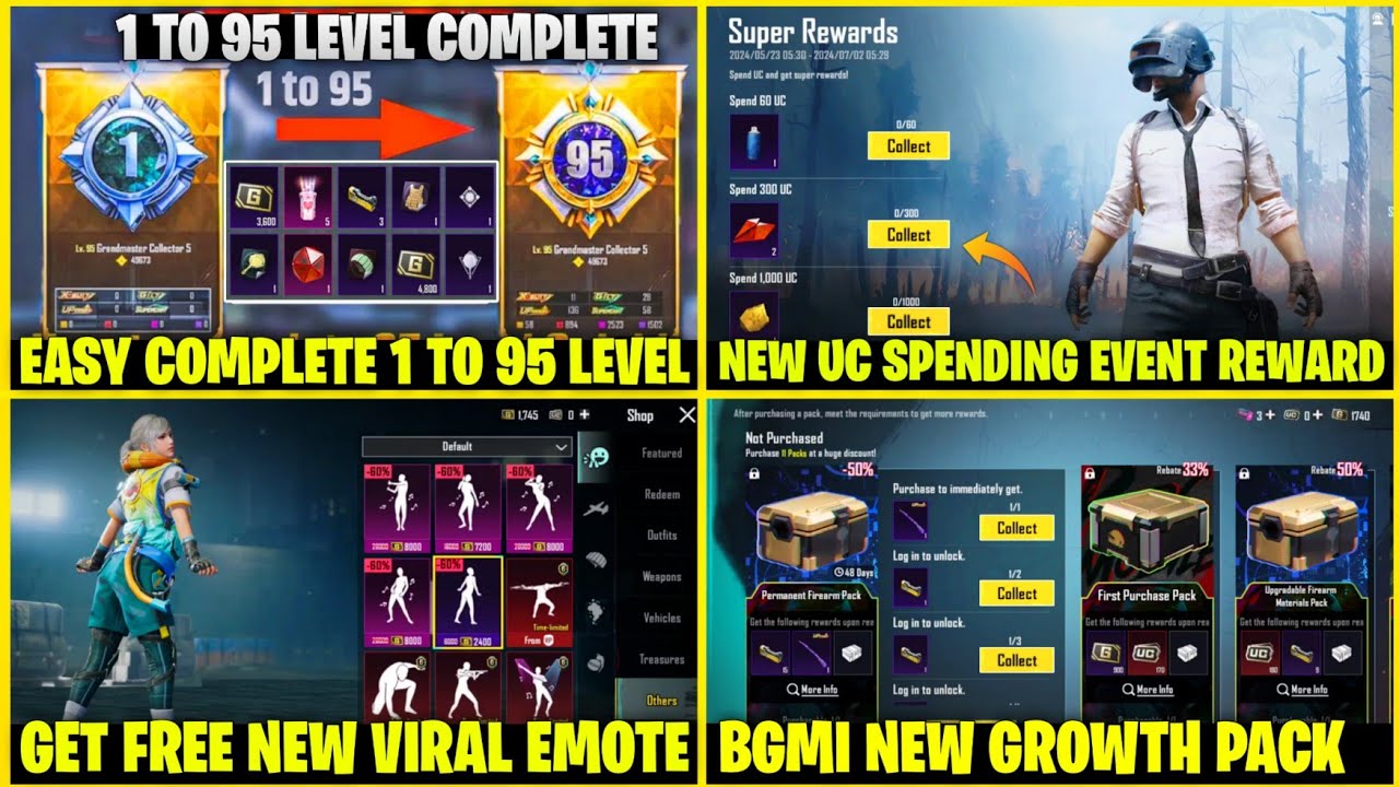 EASY COMPLETE COLLECTION 1 TO 95 LEVEL | BGMI NEW GROWTH PACK | GET ...