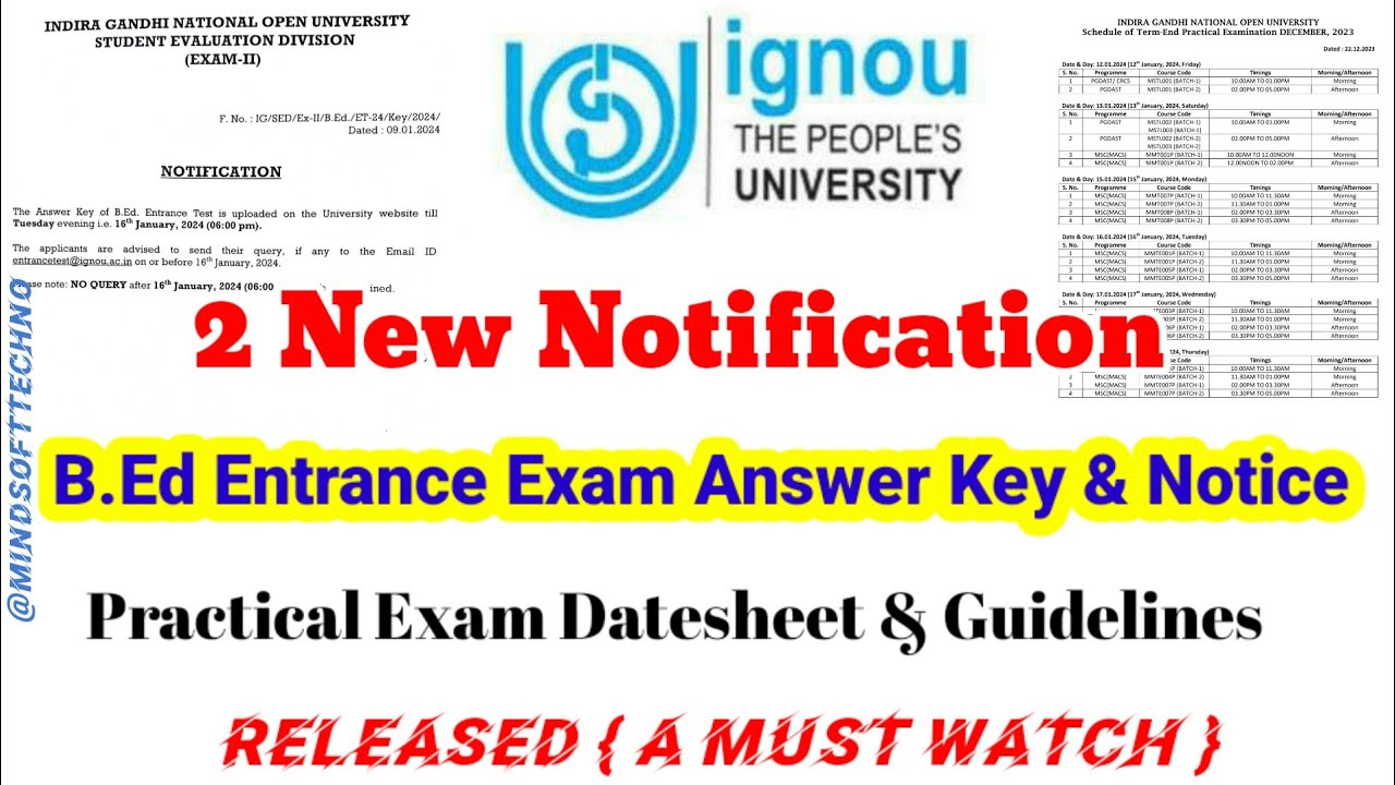 Ignou Entrace Exam Answer Key & Notice | Ignou Practical Exam Datesheet ...