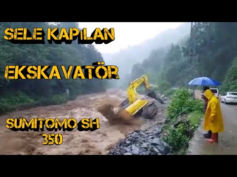 İş Makinası Sumitomo SH 350lc Ekskavatör Rize Güneysu'daki Selde Ballıdere'ye Böyle Devrildi