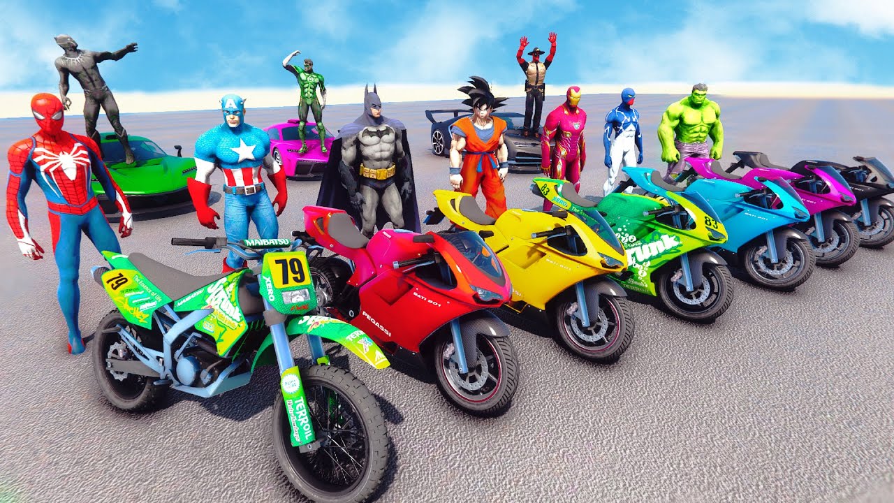 Spiderman Superheroes Bikes NEW Racing Challenge With Sports Cars Hulk ...