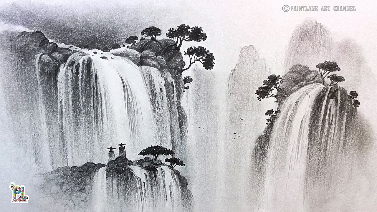 How to draw Waterfalls Scenery Landscape Drawing with Pencil || Step by ...