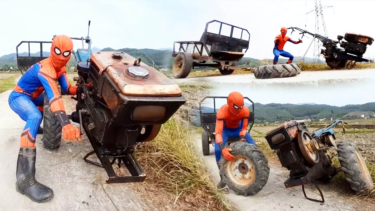 Spider-Man installs tractor parts and moves to a stream - YouTube