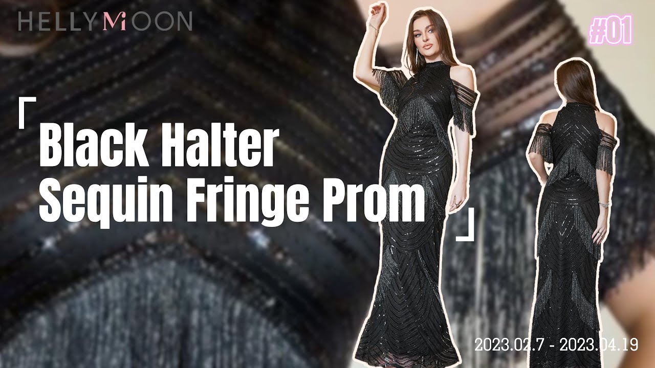 Hellymoon Women Black Fringe Prom Dress Halter Sequin Sleeveless Sheath ...