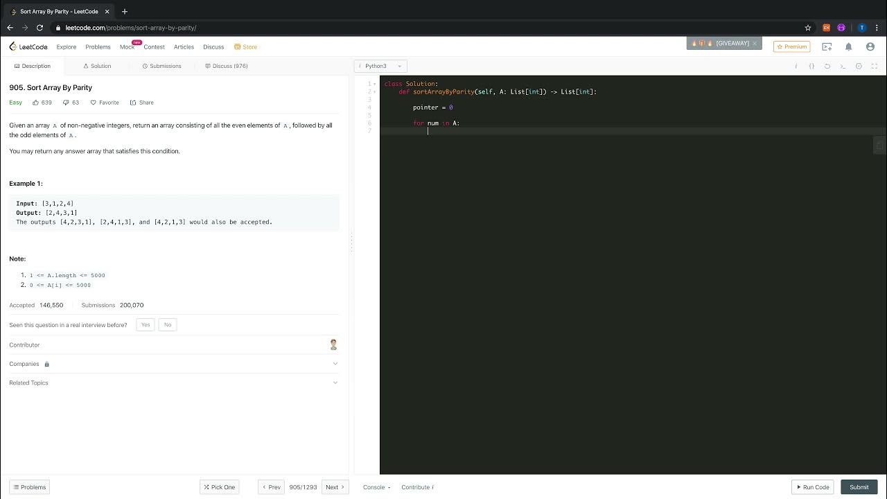 Kor 릿코드 Leetcode Sort Array By Parity Youtube