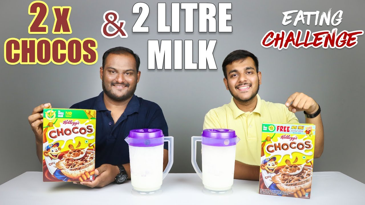 2 X CHOCOS WITH 2 LITRE MILK EATING CHALLENGE | Chocos And Milk Eating ...