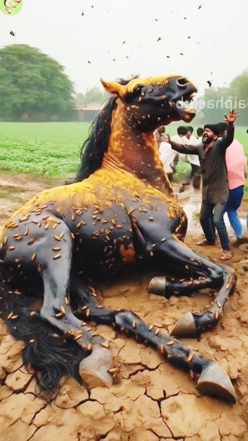 A black horse covered by Honey cooked rescue team help #animals #ai #unity #help #rescue #horse ...