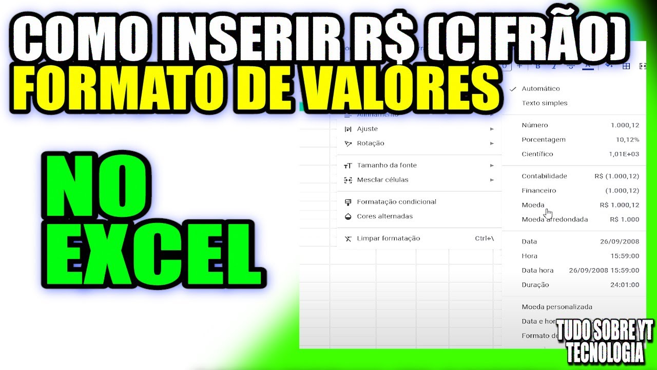 COMO COLOCAR CIFRÃO NO EXCEL SIMBOLO DE VALOR DE MOEDA REAL - YouTube