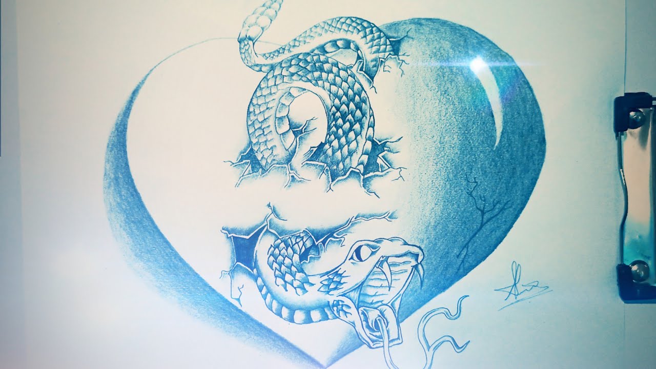 Snake drawing with heart broken. || Poisonous snake drawing step by ...