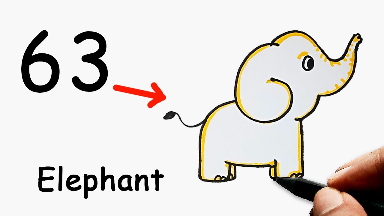 The 63 Number Turn into an Simple Elephant Cartoon Drawing | How to Dra ...