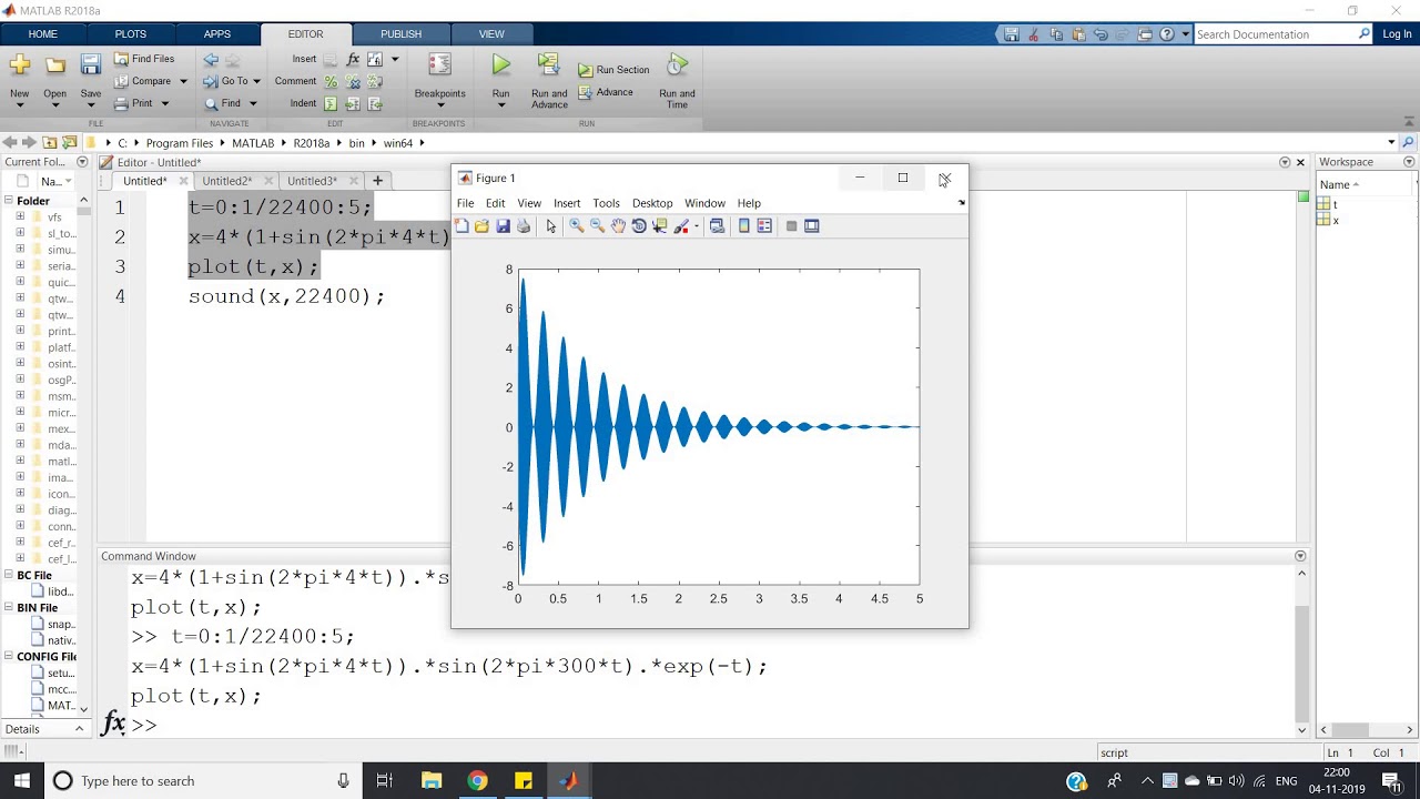 Sound effect using exponentially decreasing Amplitude Modulated wave ...
