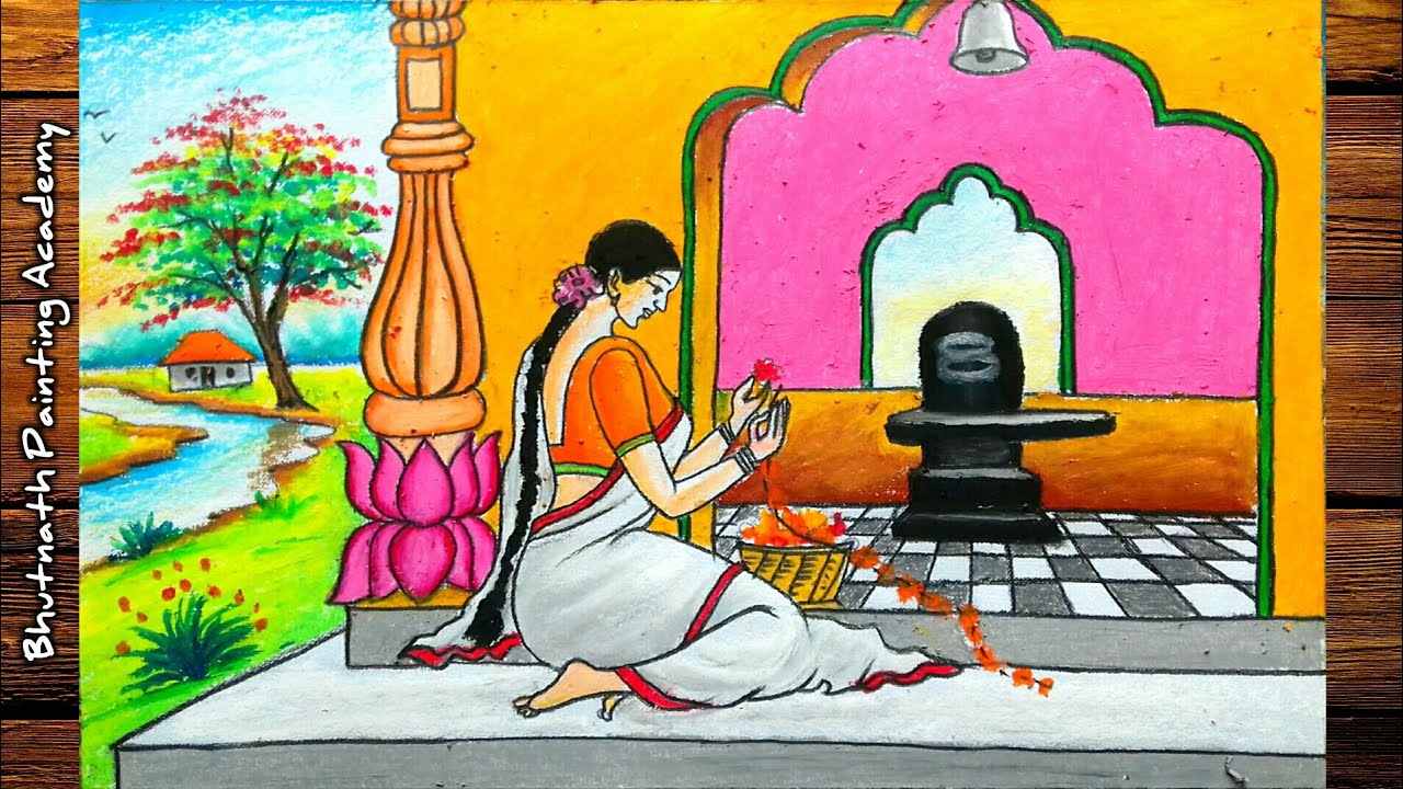 shivratri drawing scenery with Lord shiva temple - YouTube