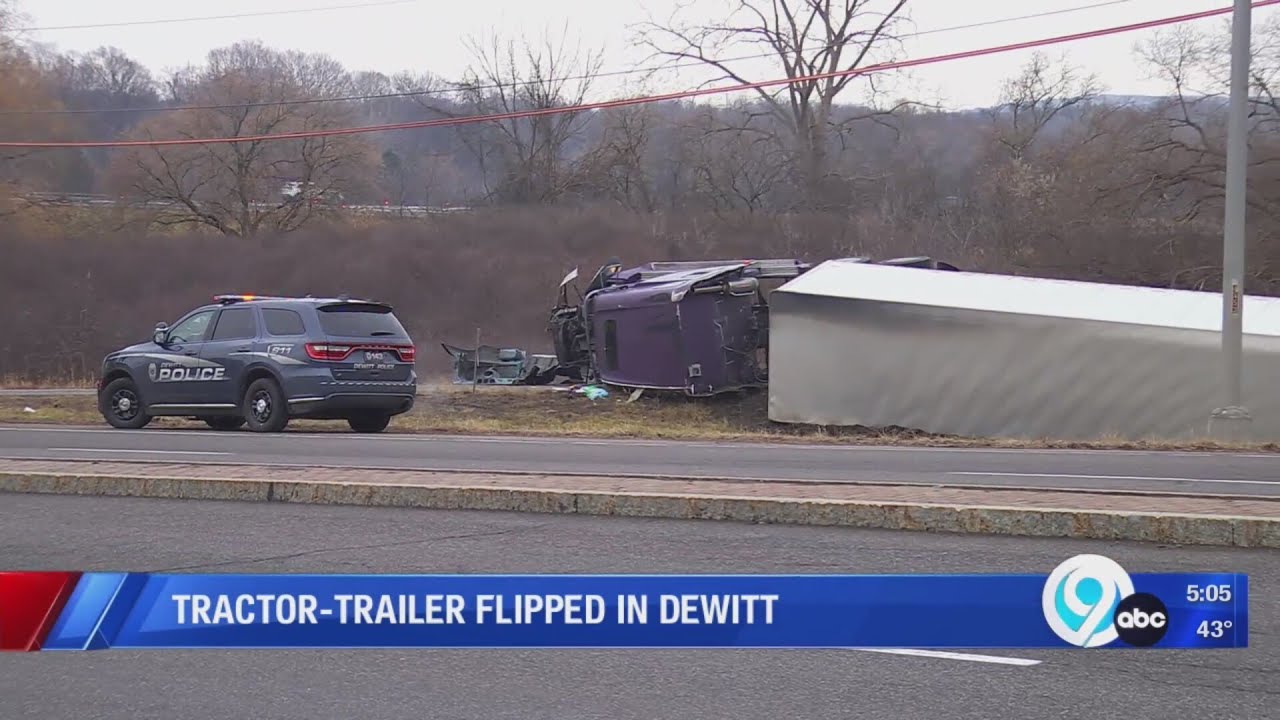 Tractor-trailer flipped in DeWitt, causing ramp closure - YouTube