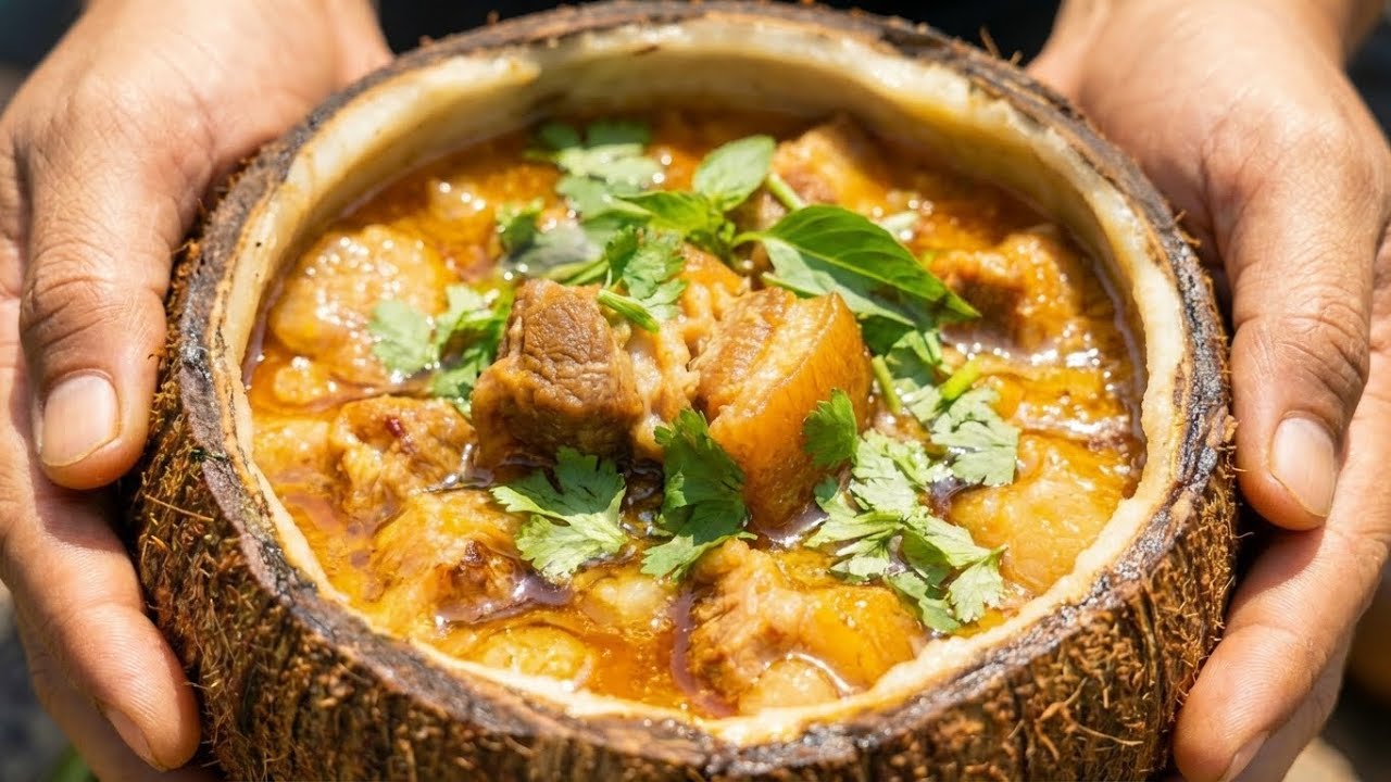 Cooking Pork Stew Inside a Coconut Shell (No Pan, Unusual Method) - YouTube