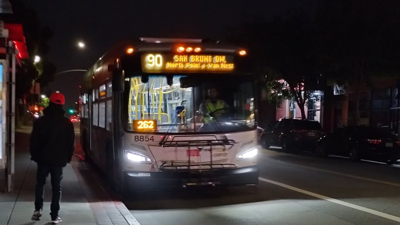 ( Transit night)SF Muni 2016 new flyer XDE40 8854 on route 90 San Bruno ...
