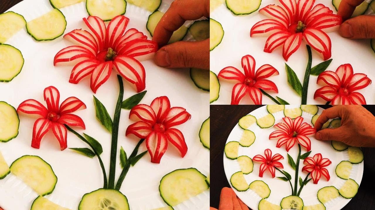Super Salad Decoration Ideas - Red Radish Flower Carving Cucumber ...