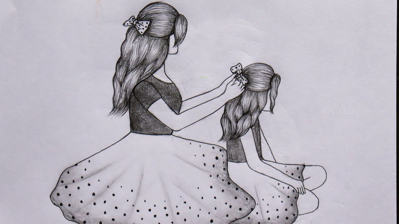 How to Draw Mom With Daughter Pencil Sketch - YouTube