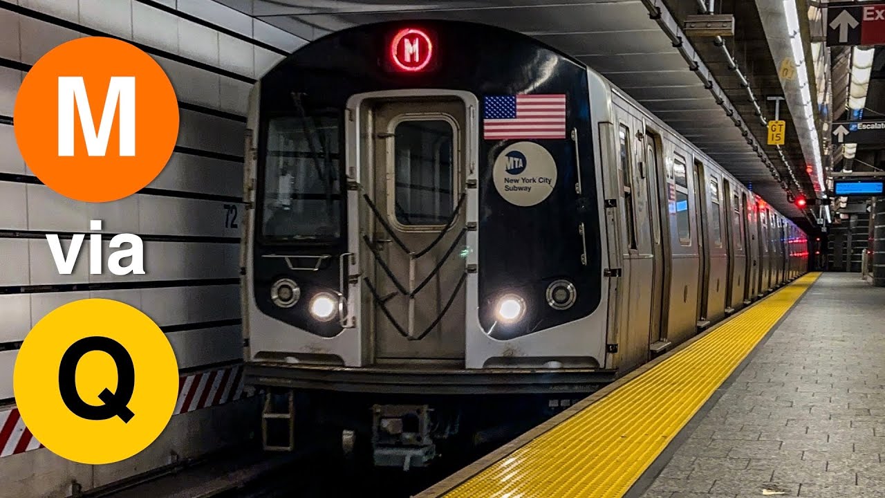 M trains at 72 Street via the Q line - YouTube