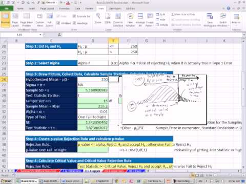 Excel 2010 Statistics 82: 1 Tail Right t Distribution Mean Hypothesis ...