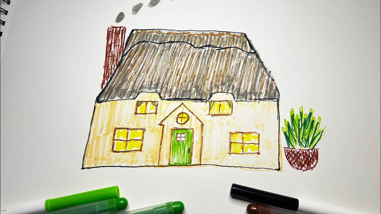 How to draw a HOUSE WITH STRAW ROOF FOR KIDS TO LEARN, thatched house ...