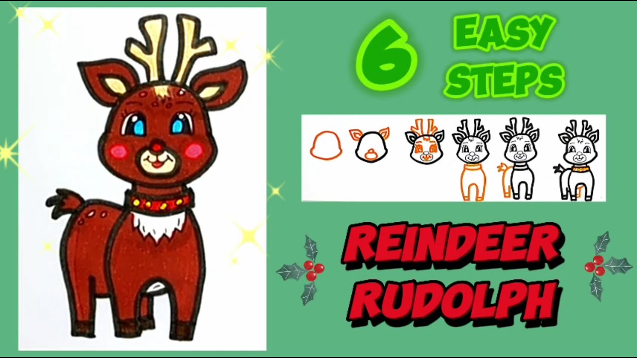 How to draw a Reindeer Rudolph? Easy Reindeer drawing/ 6 steps to draw ...