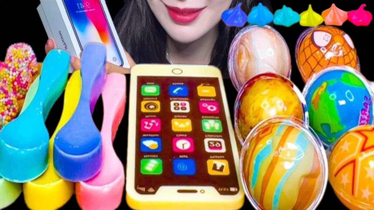 ASMR EDIBLE iPHONE, PLANET GUMMY, SPOON, RAINBOW GUMMY JELLY 먹는 아이폰 숟가락 ...