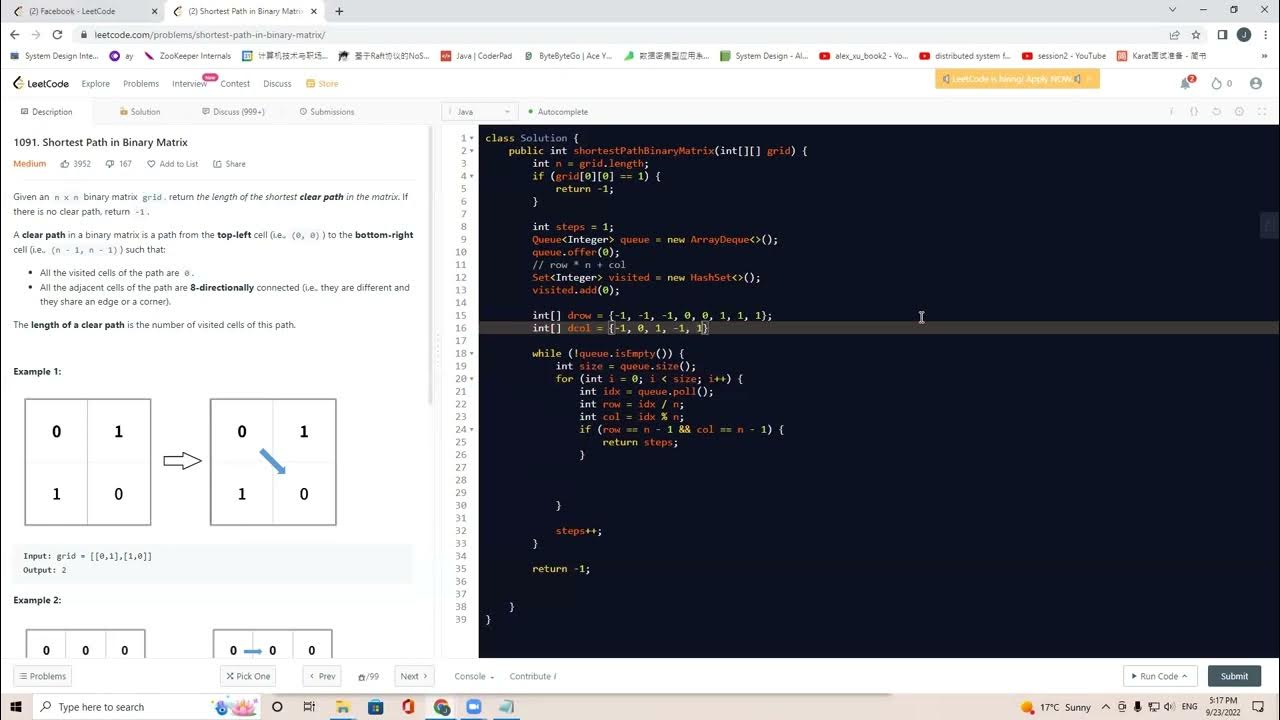 1091 Shortest Path In Binary Matrix Youtube
