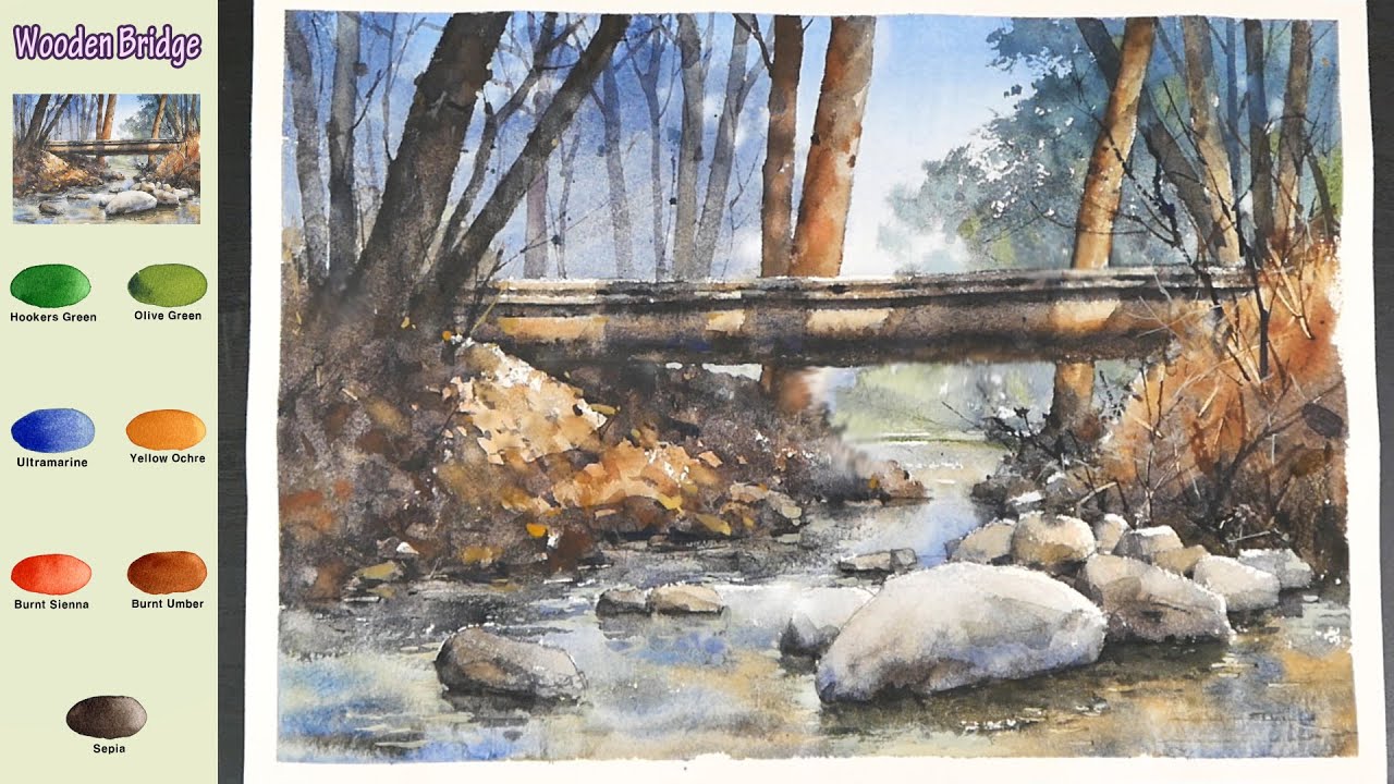 Landscape Watercolor - Wooden Bridge (sketch & color name view ...