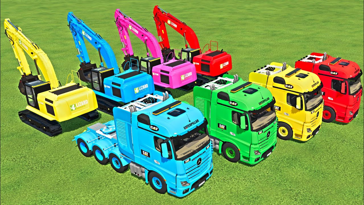 EXCAVATOR OF COLORS ! TRANSPORTING EXCAVATOR & CEMENT MIXER TRUCK TO ...