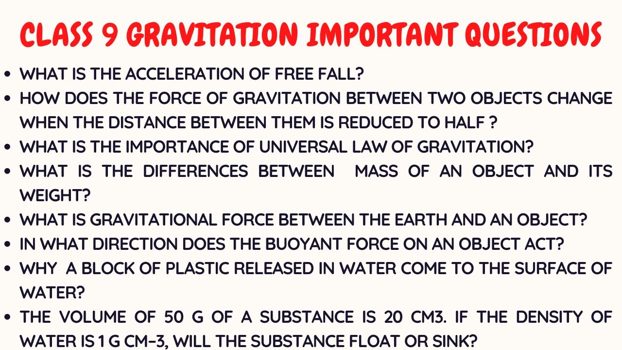 Class 9 Important Questions Gravitation NCERT Based // Class 9 ...