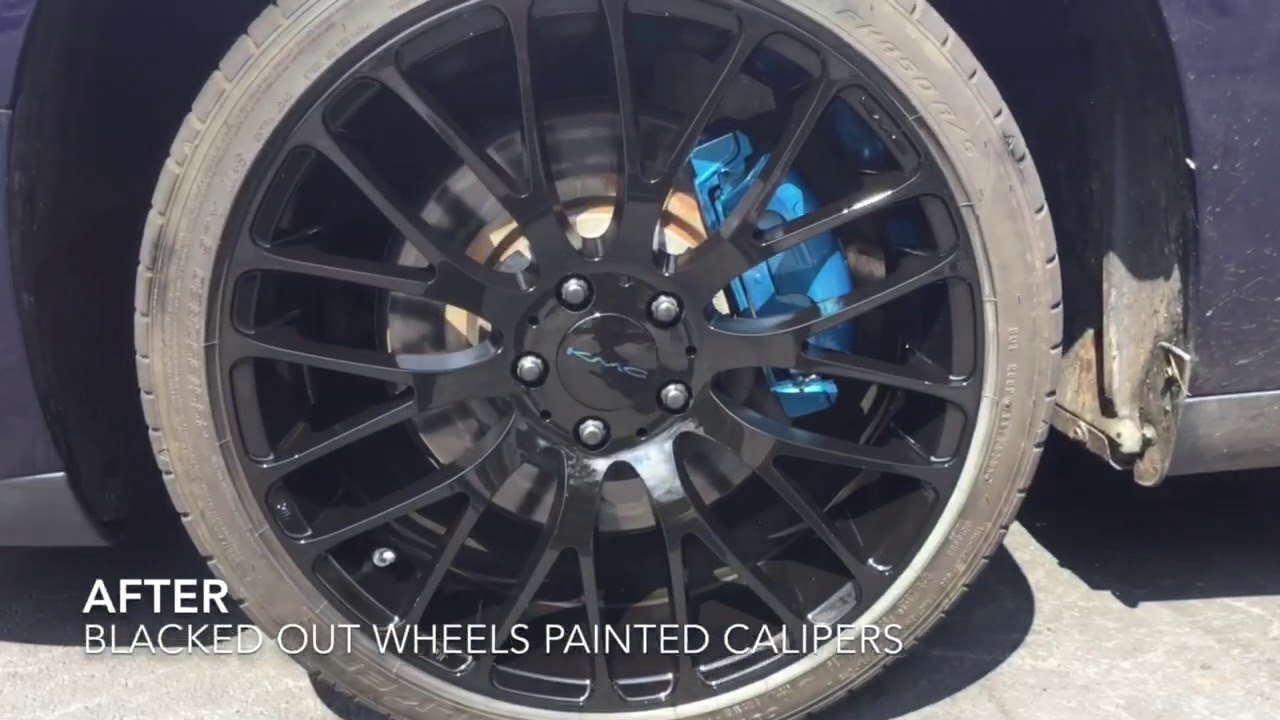 Blacked out wheels blue calipers Dodge Challenger - YouTube