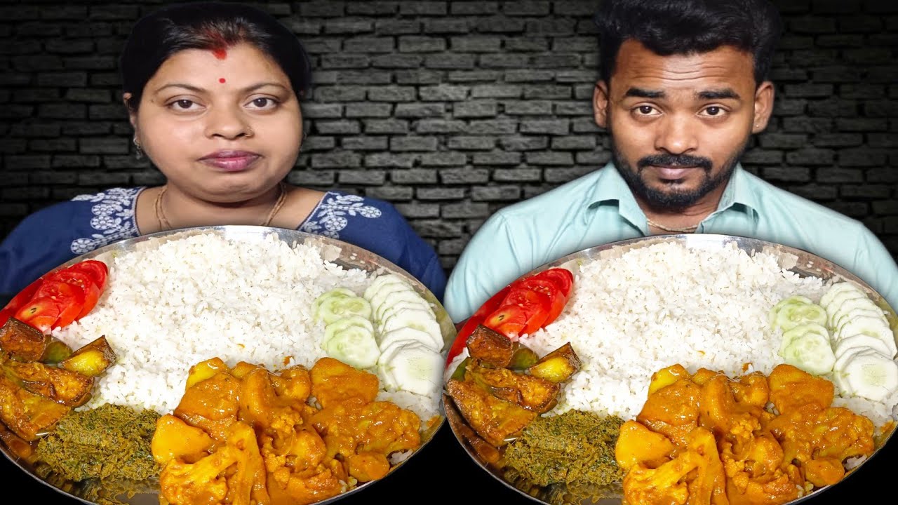 sabji bhat eating challenge//aloo fulkopi tarkari//begun bhaja//with ...