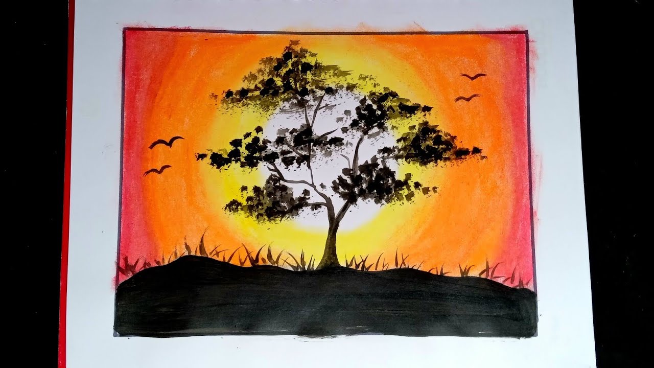 Sunset scenery drawing | Tree painting | Acrylic colour painting - YouTube