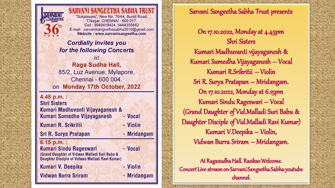 Sarvani Sangeetha Sabha Trust concerts of Shri Sisters at 4.45pm ...