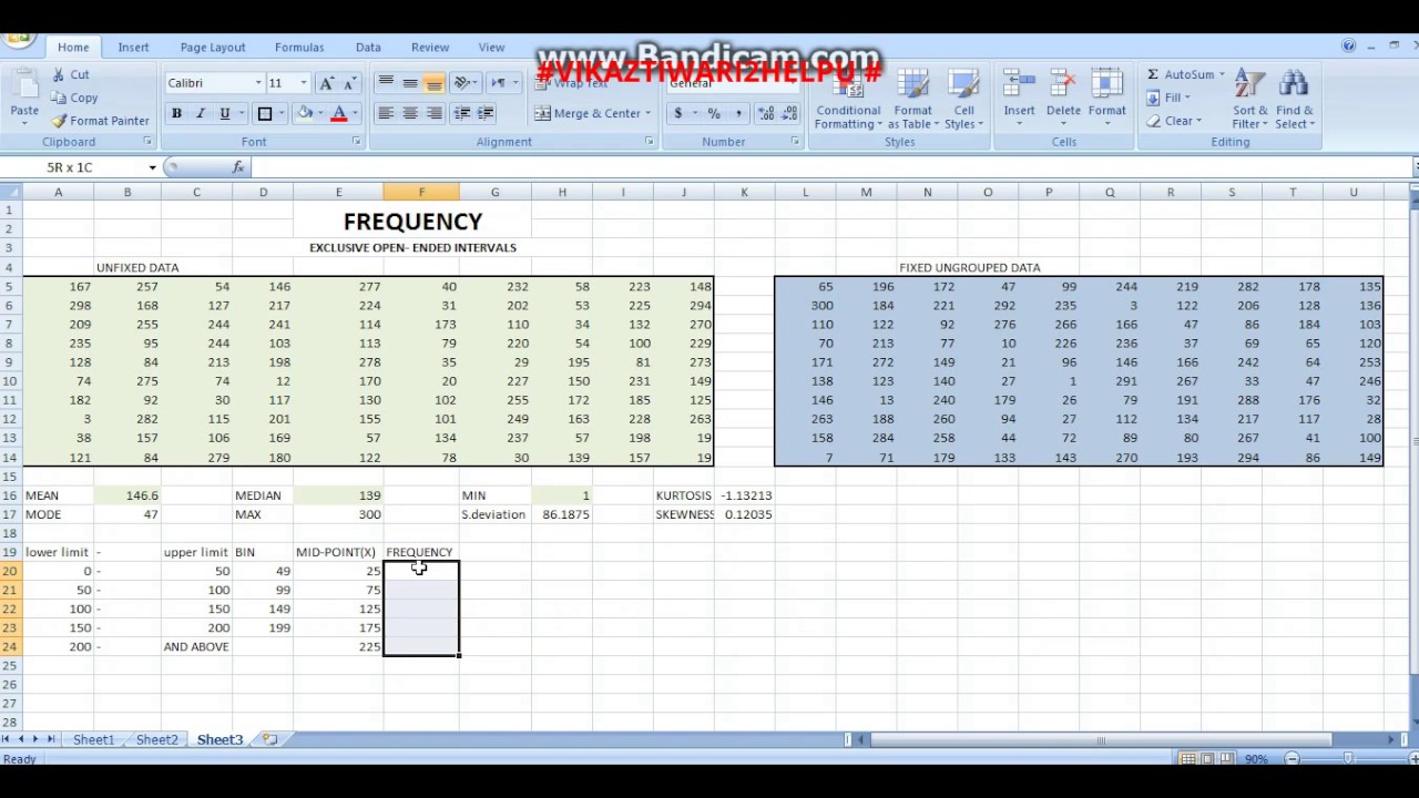 MS Excel Frequency (Exclusive open-ended intervals) - YouTube