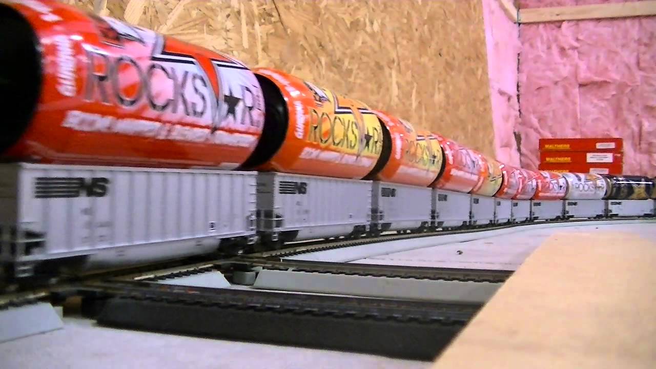 Very long train with empty rockstar cans - YouTube