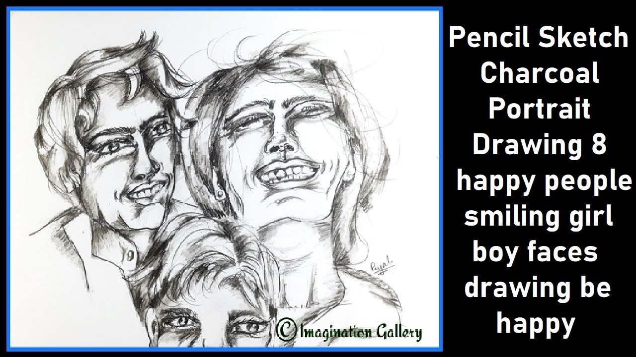 Pencil Sketch Charcoal Portrait Drawing 8 happy people smiling girl boy ...