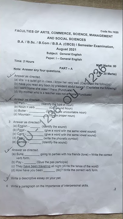 BBA Semester 1- Osmania University English Question Paper August 2021 (Covid Pattern) - YouTube