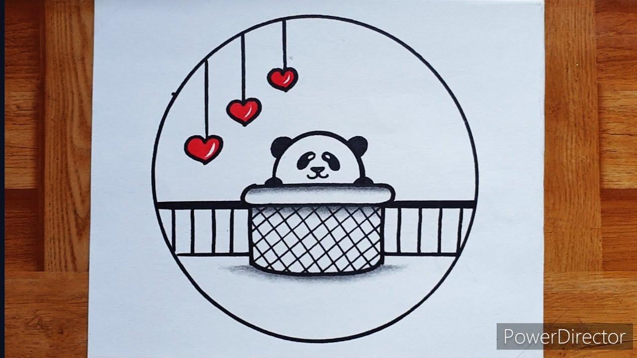 Cute Panda in the Basket drawing easy | Panda drawing in circle ...