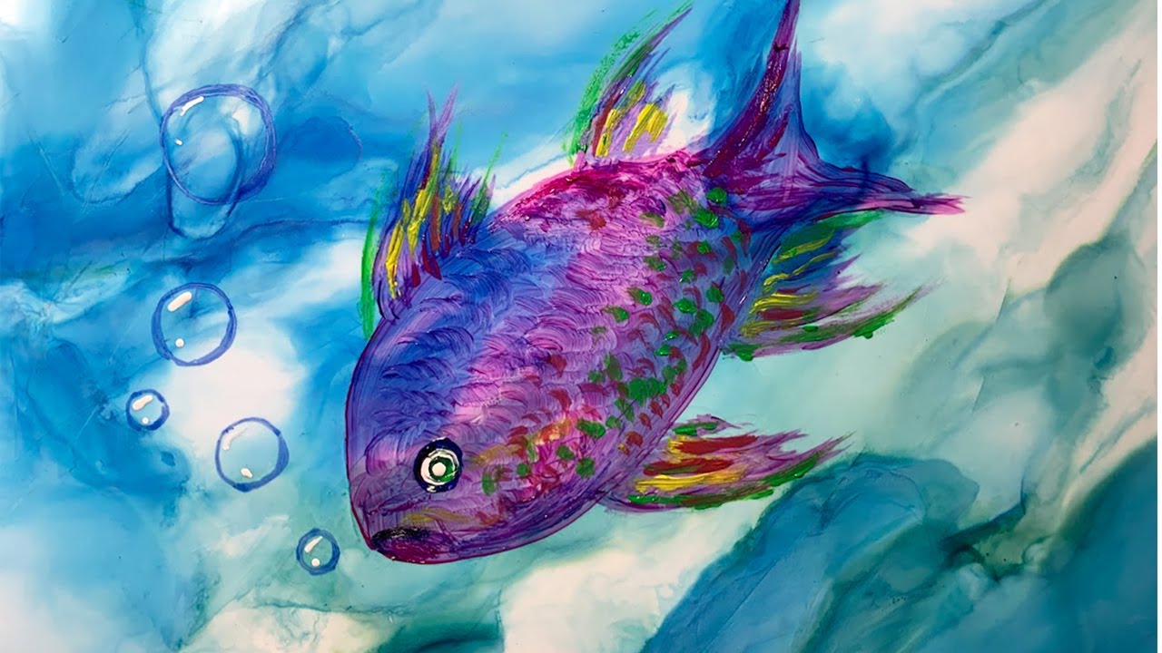 How to make ocean backgrounds with alcohol ink, fish painting - YouTube