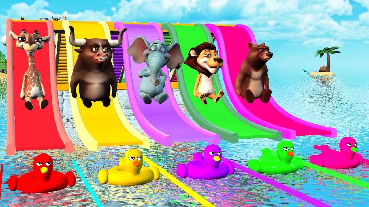 Long Slide Game With Elephant Gorilla Buffalo Hippopotamus Tiger - 3d ...