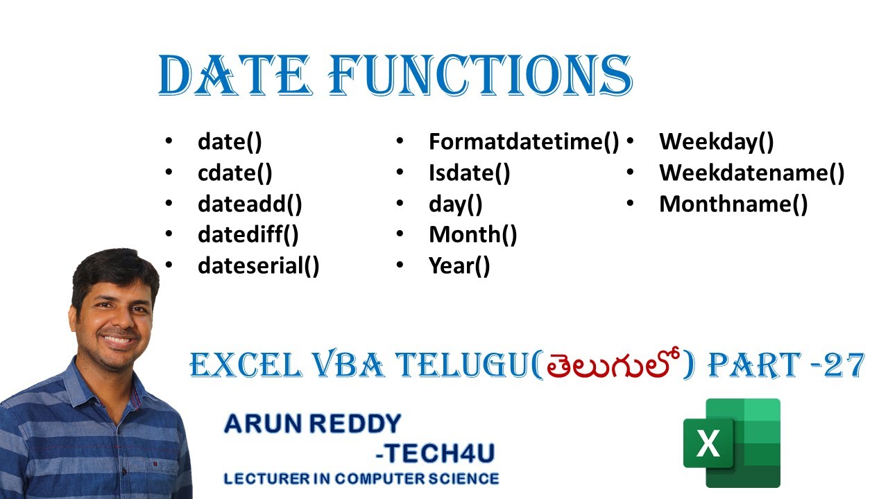 Excel Vba Telugu Part 27 Date Functions Date Functions In 1112